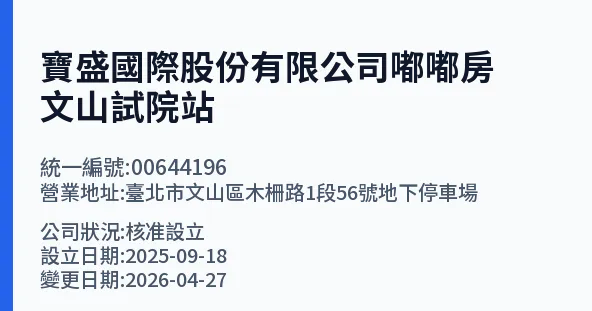 寶盛國際股份有限公司嘟嘟房文山試院站的照片-統編 00644196(臺北市) 公司登記資料與營業項目詳細圖表