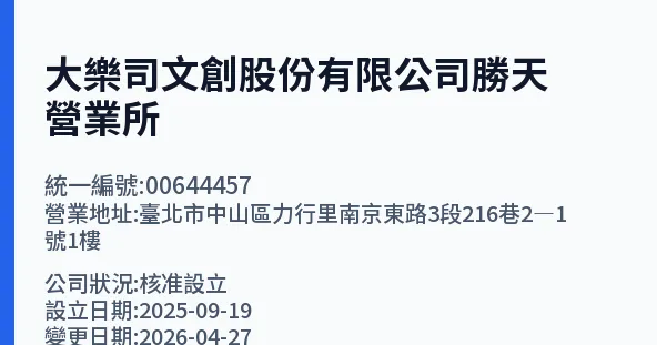 大樂司文創股份有限公司勝天營業所的照片-統編 00644457(臺北市) 公司登記資料與營業項目詳細圖表