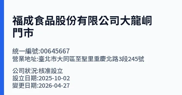 福成食品股份有限公司大龍峒門市的照片-統編 00645667(臺北市) 公司登記資料與營業項目詳細圖表