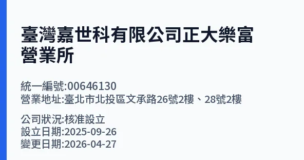 臺灣嘉世科有限公司正大樂富營業所的照片-統編 00646130(臺北市) 公司登記資料與營業項目詳細圖表