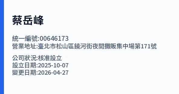 蔡岳峰的照片-統編 00646173(臺北市) 公司登記資料與營業項目詳細圖表