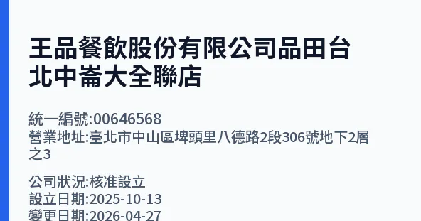 王品餐飲股份有限公司品田台北中崙大全聯店的照片-統編 00646568(臺北市) 公司登記資料與營業項目詳細圖表