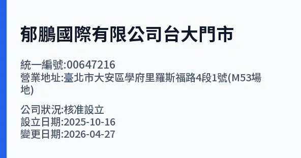 郁鵬國際有限公司台大門市的照片-統編 00647216(臺北市) 公司登記資料與營業項目詳細圖表
