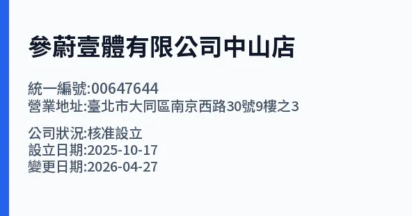 參蔚壹體有限公司中山店的照片-統編 00647644(臺北市) 公司登記資料與營業項目詳細圖表