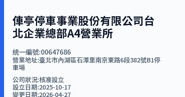 俥亭停車事業股份有限公司台北企業總部A4營業所的照片-統編 00647686(臺北市) 公司登記資料與營業項目詳細圖表