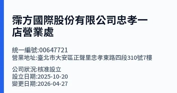 霈方國際股份有限公司忠孝一店營業處的照片-統編 00647721(臺北市) 公司登記資料與營業項目詳細圖表