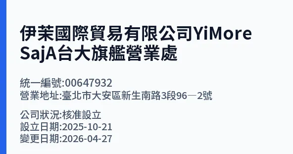 伊茉國際貿易有限公司YiMore SajA台大旗艦營業處的照片-統編 00647932(臺北市) 公司登記資料與營業項目詳細圖表