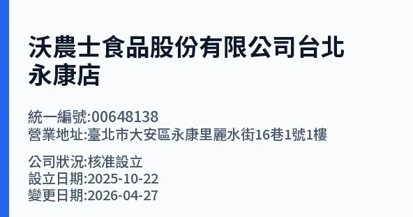 沃農士食品股份有限公司台北永康店的照片-統編 00648138(臺北市) 公司登記資料與營業項目詳細圖表