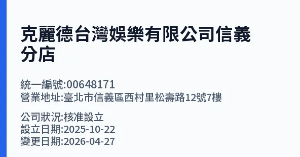 克麗德台灣娛樂有限公司信義分店的照片-統編 00648171(臺北市) 公司登記資料與營業項目詳細圖表