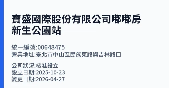 寶盛國際股份有限公司嘟嘟房新生公園站的照片-統編 00648475(臺北市) 公司登記資料與營業項目詳細圖表