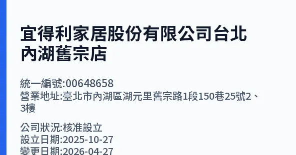 宜得利家居股份有限公司台北內湖舊宗店的照片-統編 00648658(臺北市) 公司登記資料與營業項目詳細圖表