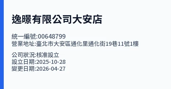 逸暻有限公司大安店的照片-統編 00648799(臺北市) 公司登記資料與營業項目詳細圖表