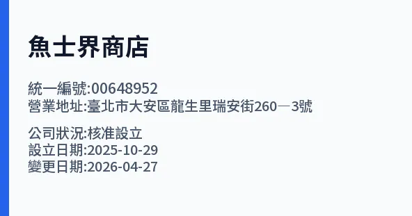 魚士界商店的照片-統編 00648952(臺北市) 公司登記資料與營業項目詳細圖表