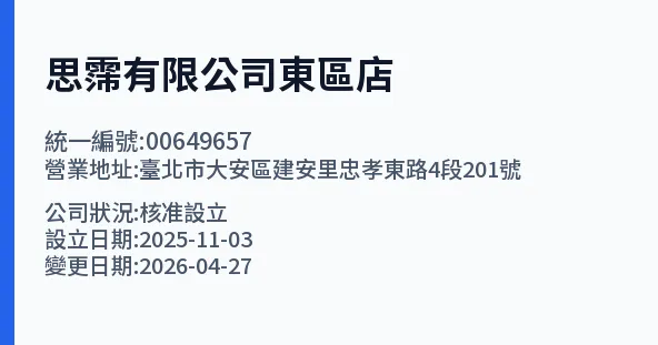 思霈有限公司東區店的照片-統編 00649657(臺北市) 公司登記資料與營業項目詳細圖表
