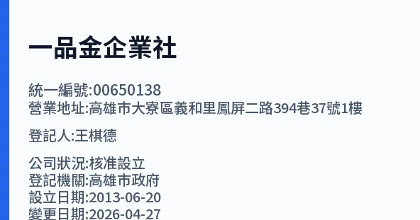 一品金企業社的照片-統編 00650138(高雄市) 公司登記資料與營業項目詳細圖表