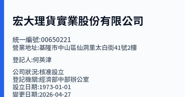宏大理貨實業股份有限公司的照片-統編 00650221(基隆市) 公司登記資料與營業項目詳細圖表