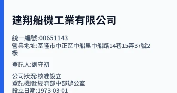 建翔船機工業有限公司的照片-統編 00651143(基隆市) 公司登記資料與營業項目詳細圖表