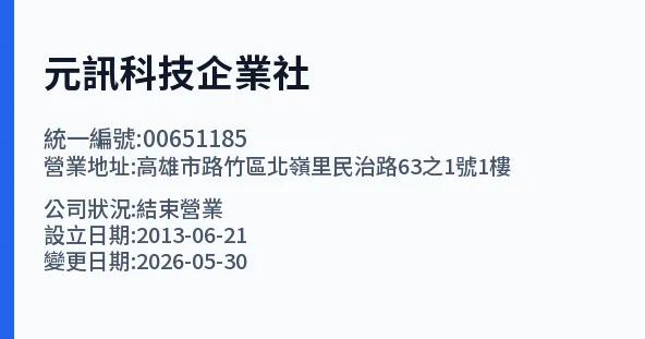 元訊科技企業社的照片-統編 00651185(高雄市) 公司登記資料與營業項目詳細圖表