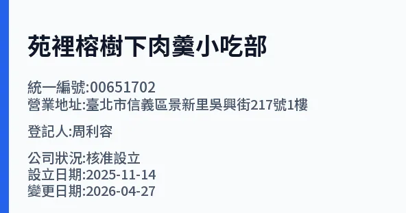 苑裡榕樹下肉羹小吃部的照片-統編 00651702(臺北市) 公司登記資料與營業項目詳細圖表