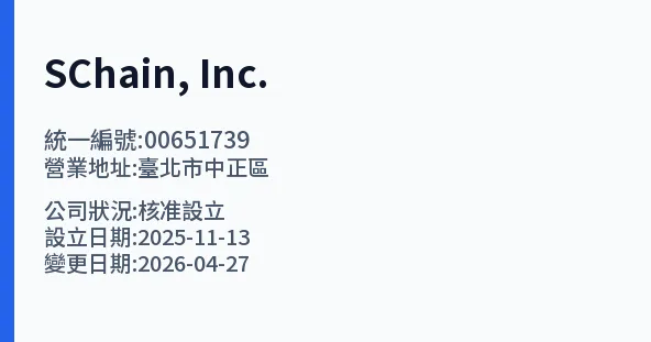 SChain, Inc.的照片-統編 00651739(臺北市) 公司登記資料與營業項目詳細圖表