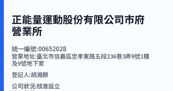 正能量運動股份有限公司市府營業所的照片-統編 00652028(臺北市) 公司登記資料與營業項目詳細圖表