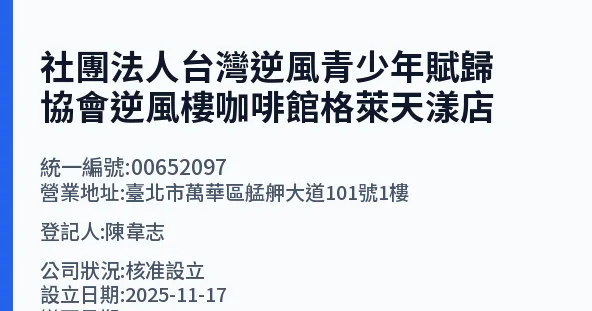 社團法人台灣逆風青少年賦歸協會逆風樓咖啡館格萊天漾店的照片-統編 00652097(臺北市) 公司登記資料與營業項目詳細圖表