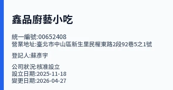 鑫品廚藝小吃的照片-統編 00652408(臺北市) 公司登記資料與營業項目詳細圖表