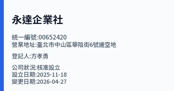 永達企業社的照片-統編 00652420(臺北市) 公司登記資料與營業項目詳細圖表