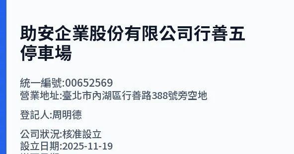 助安企業股份有限公司行善五停車場的照片-統編 00652569(臺北市) 公司登記資料與營業項目詳細圖表