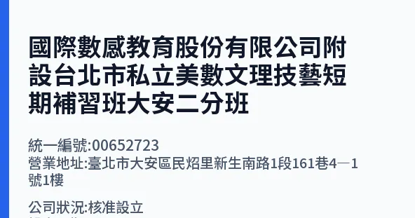 國際數感教育股份有限公司附設台北市私立美數文理技藝短期補習班大安二分班的照片-統編 00652723(臺北市) 公司登記資料與營業項目詳細圖表