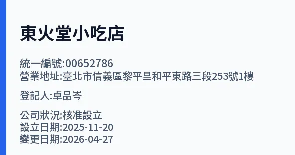 東火堂小吃店的照片-統編 00652786(臺北市) 公司登記資料與營業項目詳細圖表