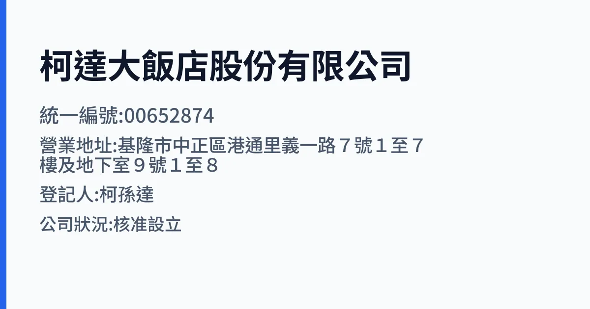 柯達大飯店股份有限公司 - 統編 00652874(基隆市) 公司登記資料與營業項目詳細圖表