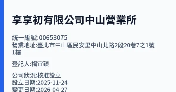 享享初有限公司中山營業所的照片-統編 00653075(臺北市) 公司登記資料與營業項目詳細圖表