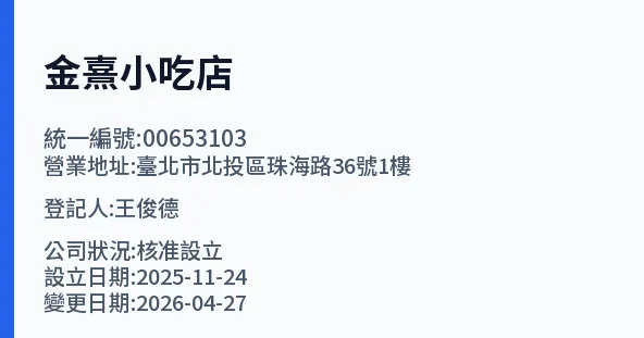金熹小吃店的照片-統編 00653103(臺北市) 公司登記資料與營業項目詳細圖表
