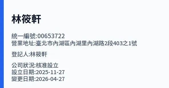 林筱軒的照片-統編 00653722(臺北市) 公司登記資料與營業項目詳細圖表