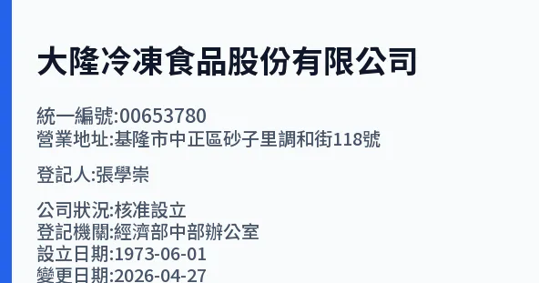 大隆冷凍食品股份有限公司的照片-統編 00653780(基隆市) 公司登記資料與營業項目詳細圖表