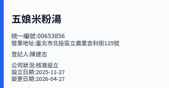 五娘米粉湯的照片-統編 00653856(臺北市) 公司登記資料與營業項目詳細圖表