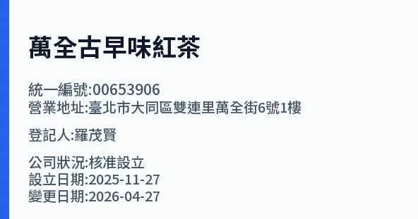 萬全古早味紅茶的照片-統編 00653906(臺北市) 公司登記資料與營業項目詳細圖表