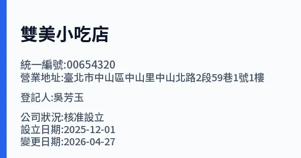 雙美小吃店的照片-統編 00654320(臺北市) 公司登記資料與營業項目詳細圖表