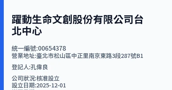 躍動生命文創股份有限公司台北中心的照片-統編 00654378(臺北市) 公司登記資料與營業項目詳細圖表