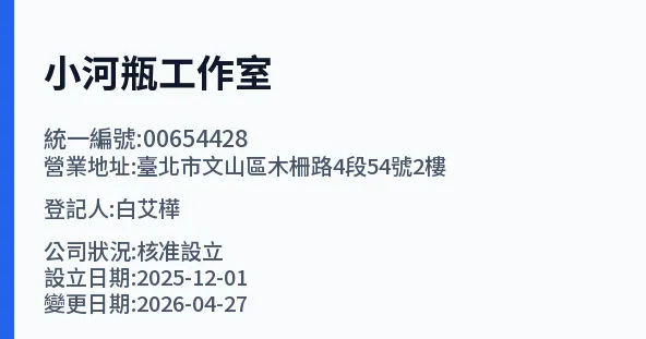 小河瓶工作室的照片-統編 00654428(臺北市) 公司登記資料與營業項目詳細圖表