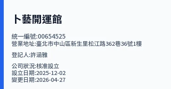 卜藝開運館的照片-統編 00654525(臺北市) 公司登記資料與營業項目詳細圖表
