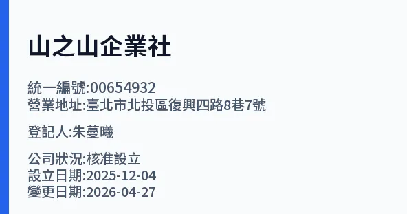 山之山企業社的照片-統編 00654932(臺北市) 公司登記資料與營業項目詳細圖表