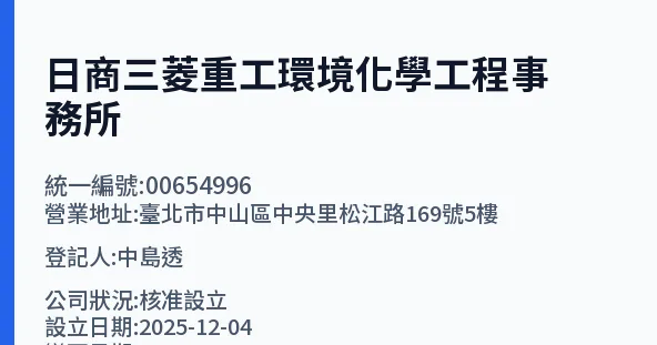 日商三菱重工環境化學工程事務所的照片-統編 00654996(臺北市) 公司登記資料與營業項目詳細圖表