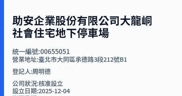 助安企業股份有限公司大龍峒社會住宅地下停車場的照片-統編 00655051(臺北市) 公司登記資料與營業項目詳細圖表