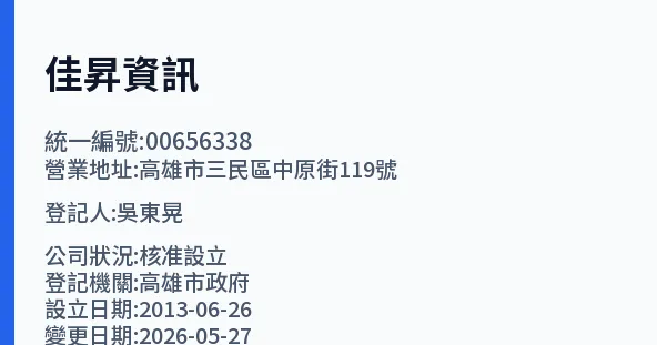 佳昇資訊的照片-統編 00656338(高雄市) 公司登記資料與營業項目詳細圖表
