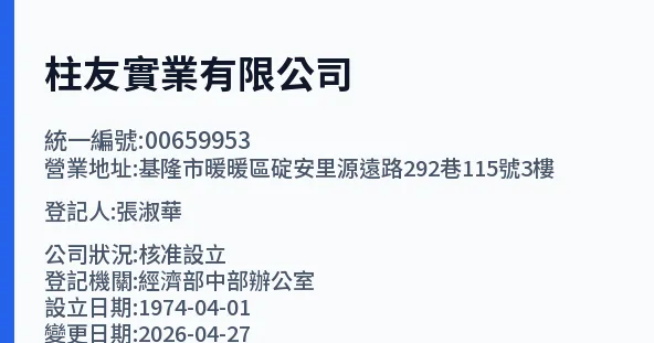 柱友實業有限公司的照片-統編 00659953(基隆市) 公司登記資料與營業項目詳細圖表