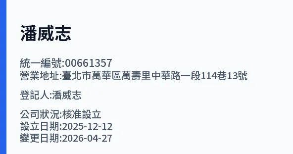 潘威志的照片-統編 00661357(臺北市) 公司登記資料與營業項目詳細圖表