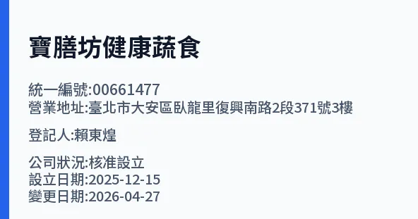 寶膳坊健康蔬食的照片-統編 00661477(臺北市) 公司登記資料與營業項目詳細圖表