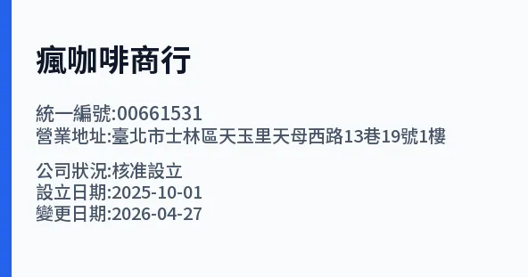 瘋咖啡商行的照片-統編 00661531(臺北市) 公司登記資料與營業項目詳細圖表